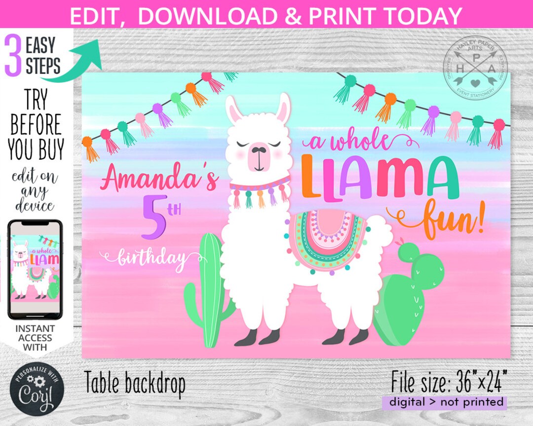 Llama Birthday Table Backdrop 36x24 Purple Pink Girl Fiesta Taco Party ...