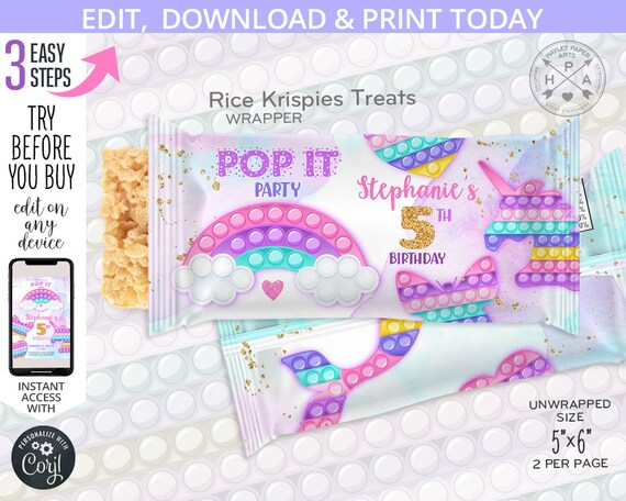 Pop it fidget toys rice krispies treats wrapper label, unicorn mermaid ...
