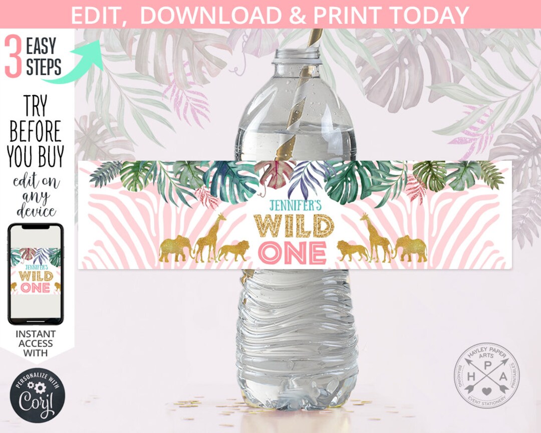 Jungle Water Bottle Labels Pink Mint Gold Animals Safari Wild One ...