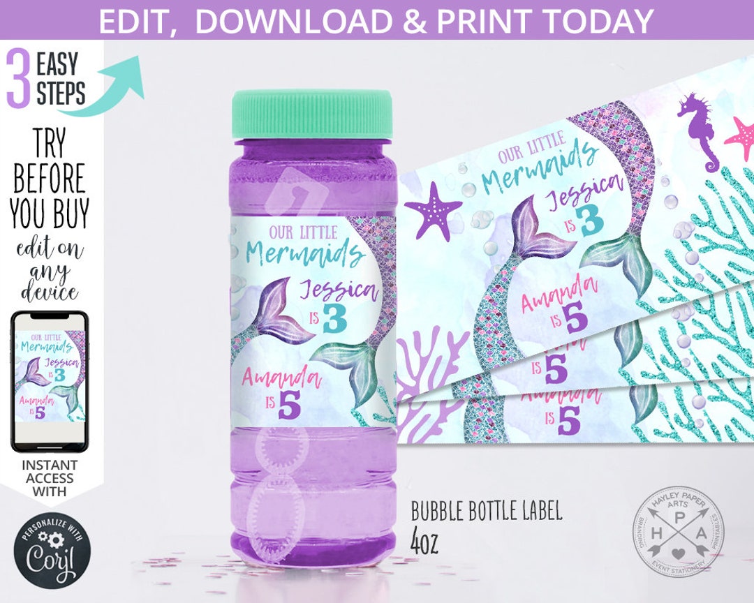 Mermaids Bubble Bottle Label Joint Party Under the Sea Double ...