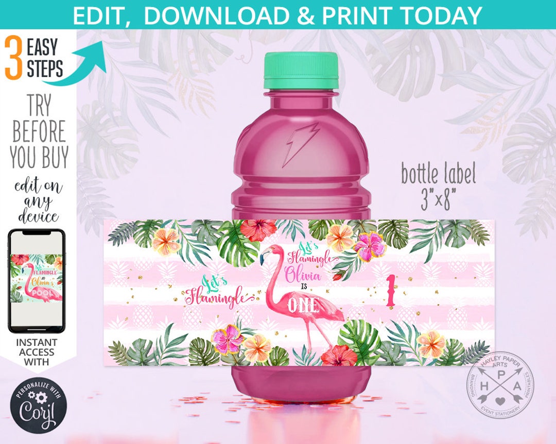Flamingo Water Bottle Label Birthday Tropical Pineapple Pink Let's ...