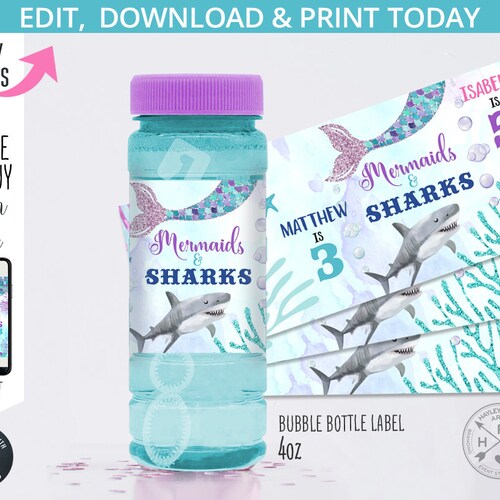 Mermaids and Sharks Bubble Bottle Label Under the Sea - Etsy