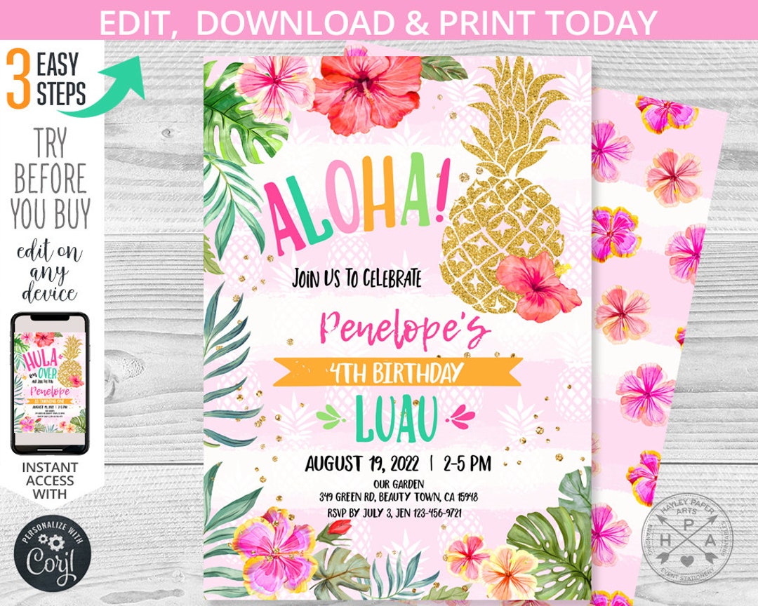 Hawaiian Pineapple Birthday Invitation Luau Aloha Tropical Invite Pool ...