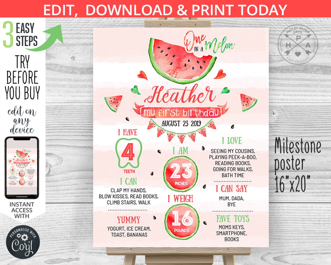 EDITABLE Watermelon Milestone Stats 1st Birthday Board. First One in a ...