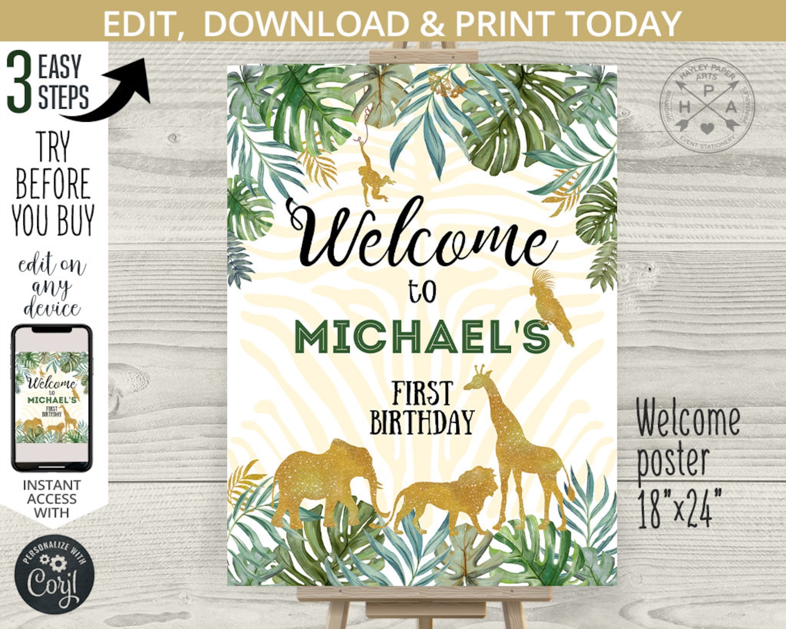 Jungle Welcome Poster Sign 1st First Birthday. Safari Animals Wild One ...
