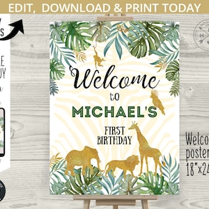 Jungle Welcome Poster Sign 1st First Birthday. Safari Animals Wild One ...