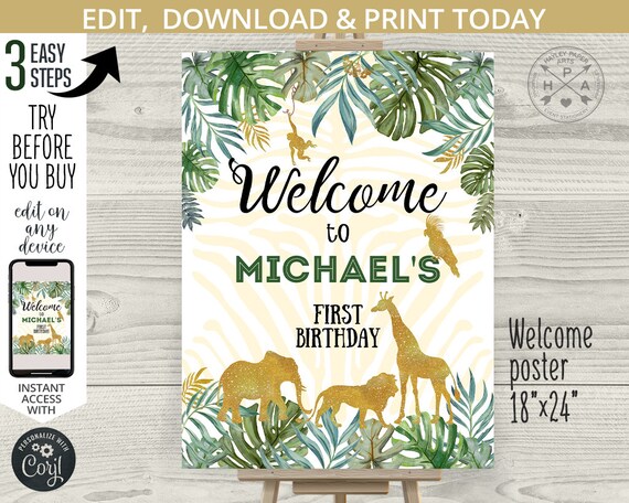 EDITABLE Jungle welcome poster sign 1st first birthday. Safari animals ...