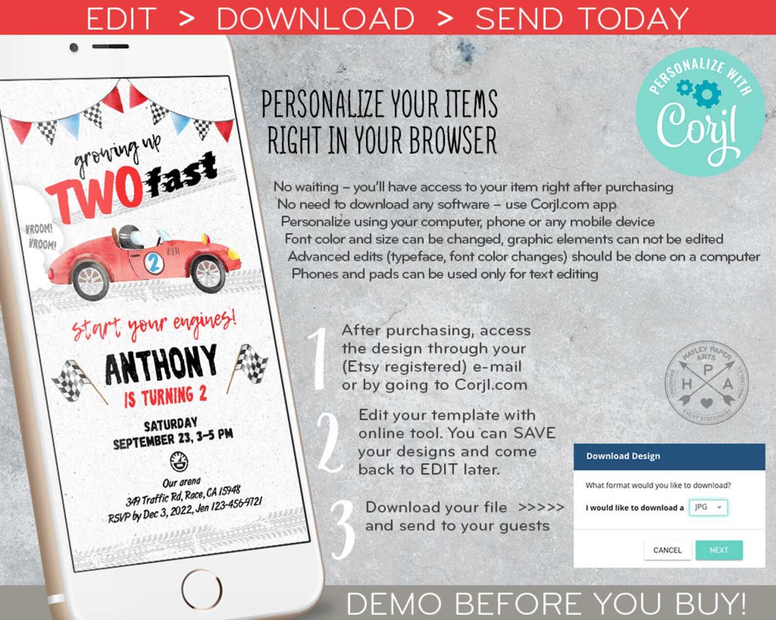 Two Fast Race Car Electronic Birthday Party Boy Invitation Vintage ...