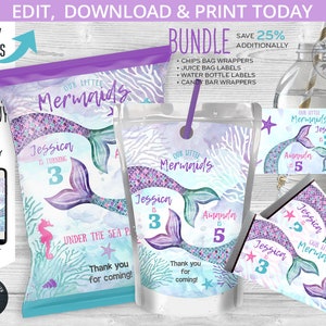 BUNDLE Mermaids Chips Bag, Juice Bags, Water Bottle Labels, Candy Bar ...