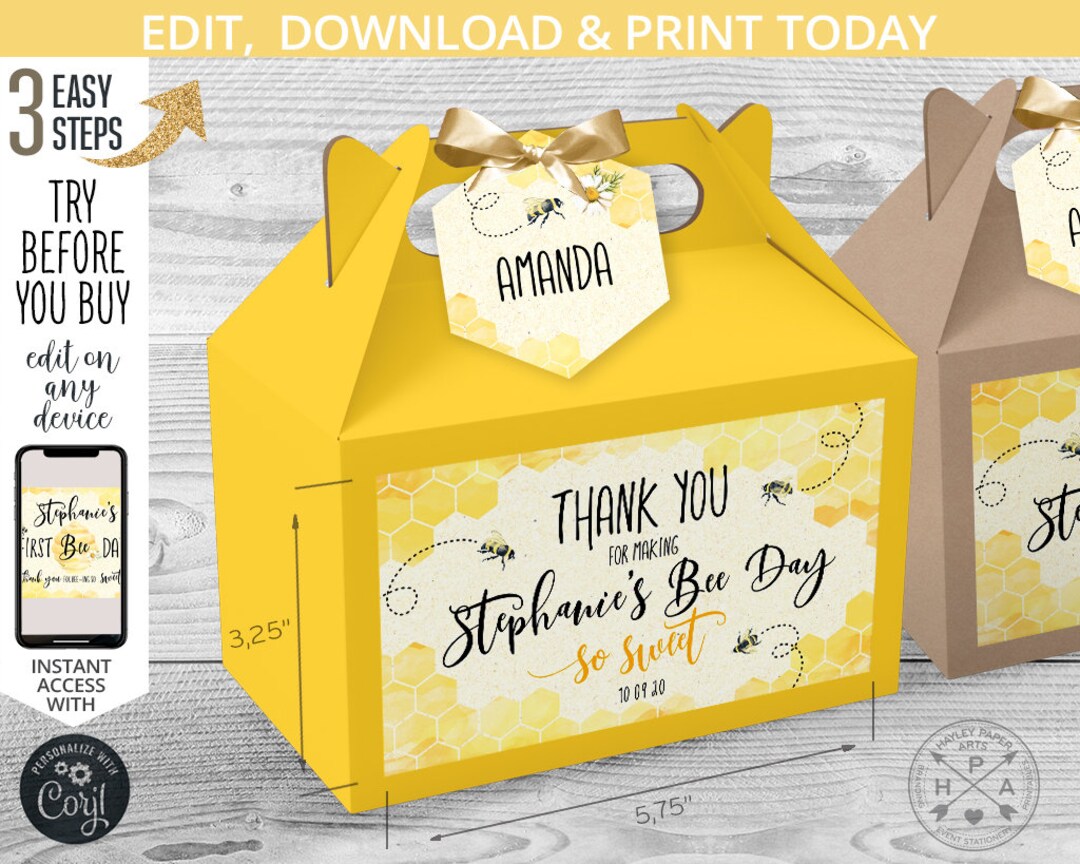 Bee Day Any Age Gable Gift Box Labels and Tags. Bee Honey Comb Sweet ...