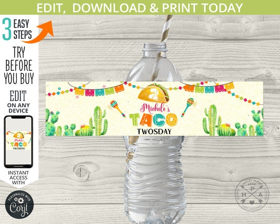 Taco twosday girl birthday party bottle label. Cactus succulent kids ...