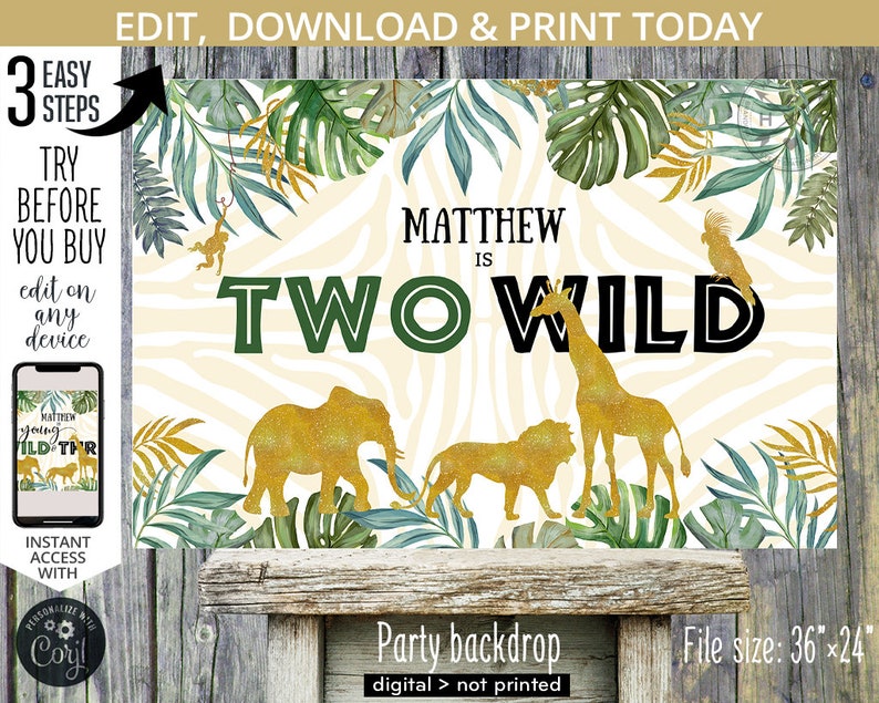 EDITABLE Jungle Two Wild Table Backdrop 36x24 2nd Second - Etsy