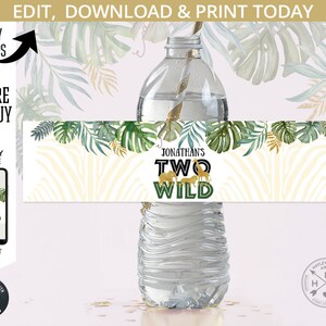 EDITABLE Jungle Two Wild Water Bottle Labels Gold Animals Safari ...