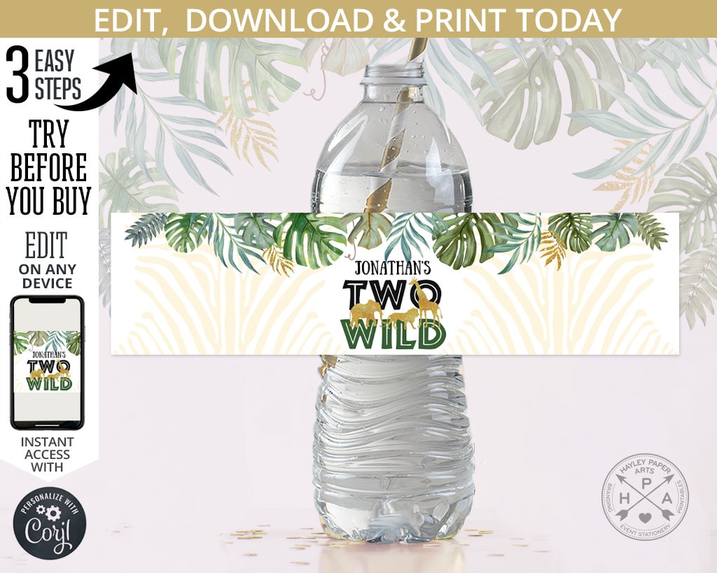 EDITABLE Jungle Two Wild Water Bottle Labels Gold Animals Safari ...