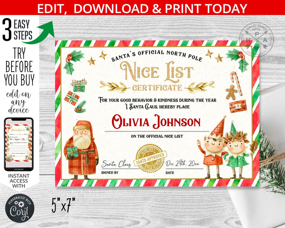 Nice List Certificate. Santa's Nice List Card. Good Behavior Christmas ...