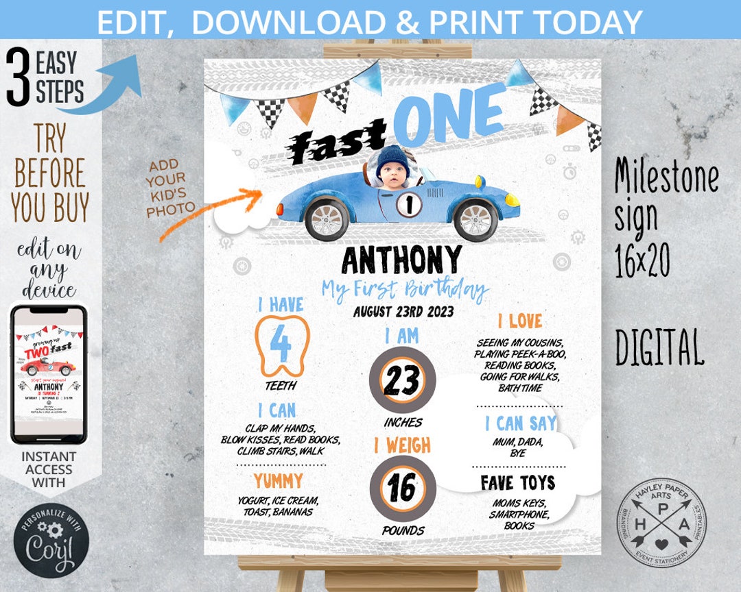 Fast ONE Race Car Vintage Blue Auto Stats Milestone 1st Birthday Sign ...