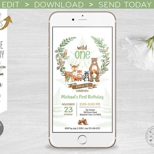 Woodland Wild One Electronic Invitation Forest Animals Birthday ...