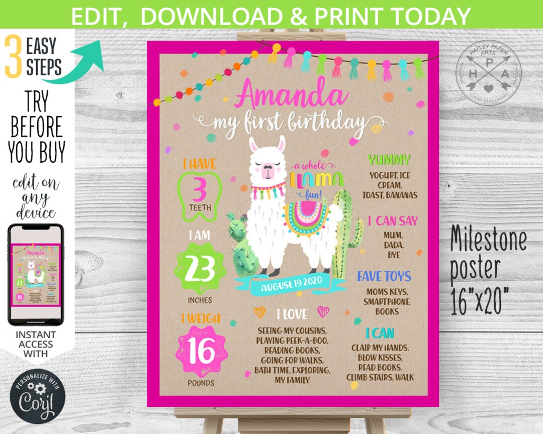 Llama Birthday Milestone Stats First One Year Board. 1st Party Poster ...