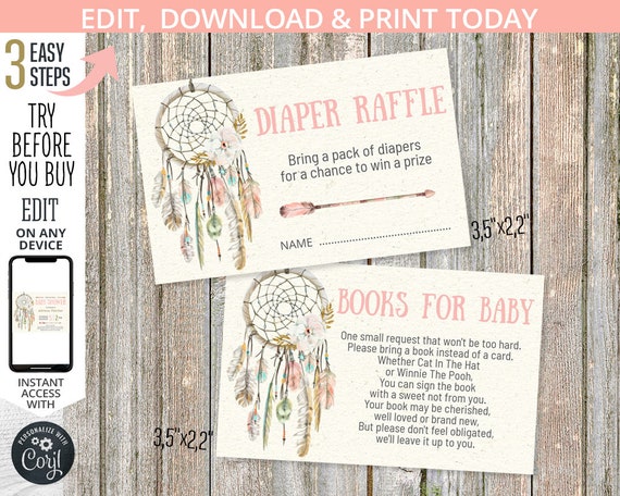 Dreamcatcher baby shower boho diaper raffle book request cards Pink ...