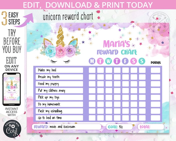 Unicorn reward chart for girls kids behavior daily chore charts daily ...