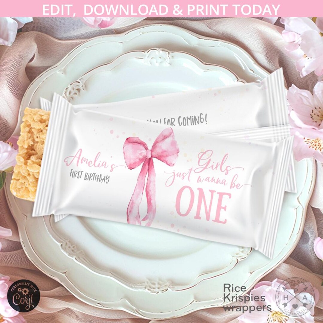 Pink Bow Rice Krispies Bar Wrapper Coquette First Birthday Party Label ...