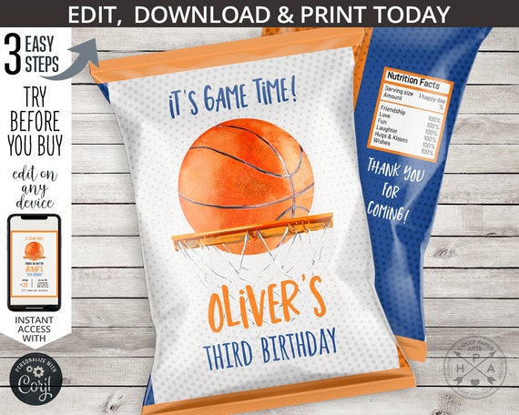Basketball chips bag birthday party ball sports game time favor pack ...