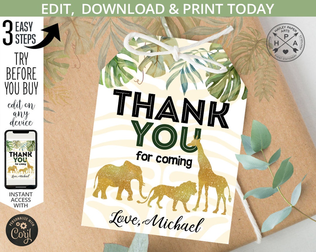 EDITABLE Jungle Gift Thank You Tag Wild One Favor Tags Gold Animals ...