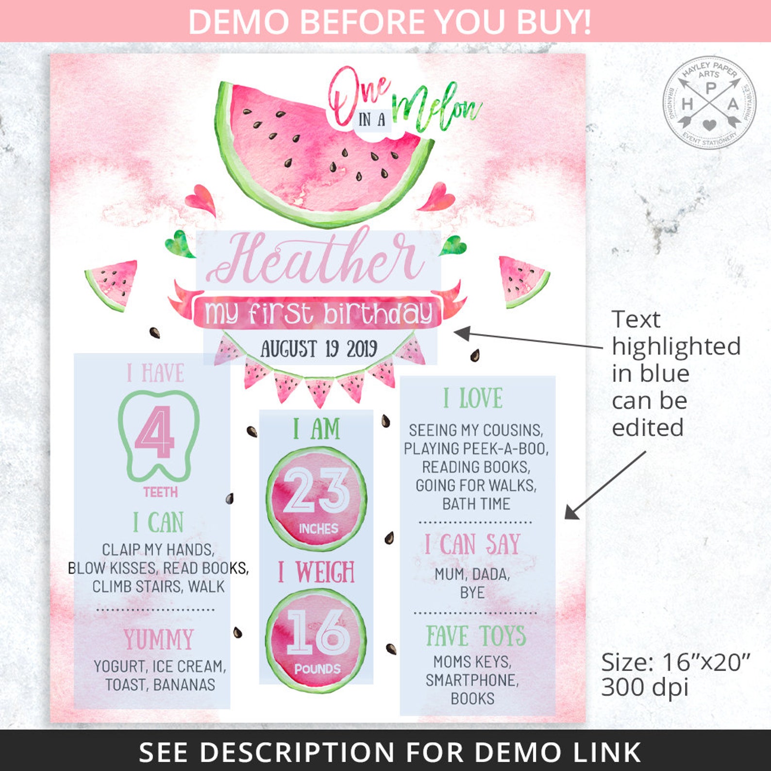EDITABLE Watermelon Milestone Stats 1st Birthday Poster. First Melon ...