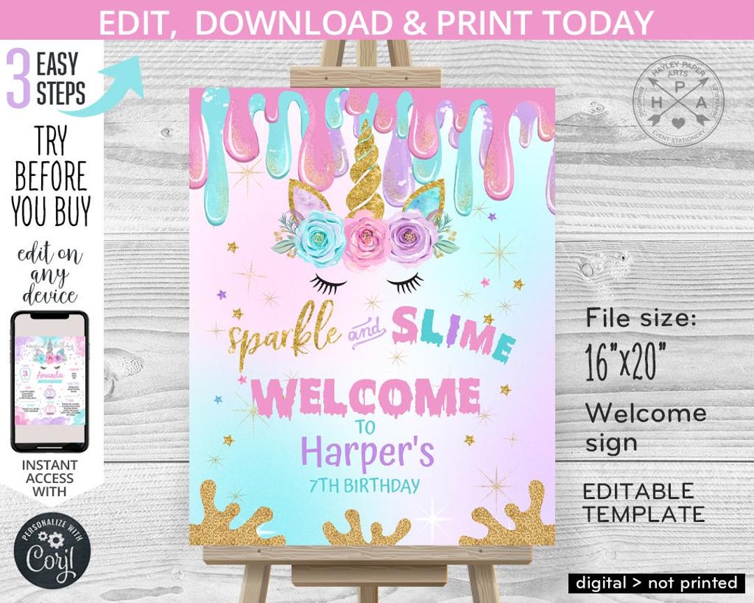 Unicorn Sparkle and Slime Magical Welcome Sign Birthday 16x20 Board ...