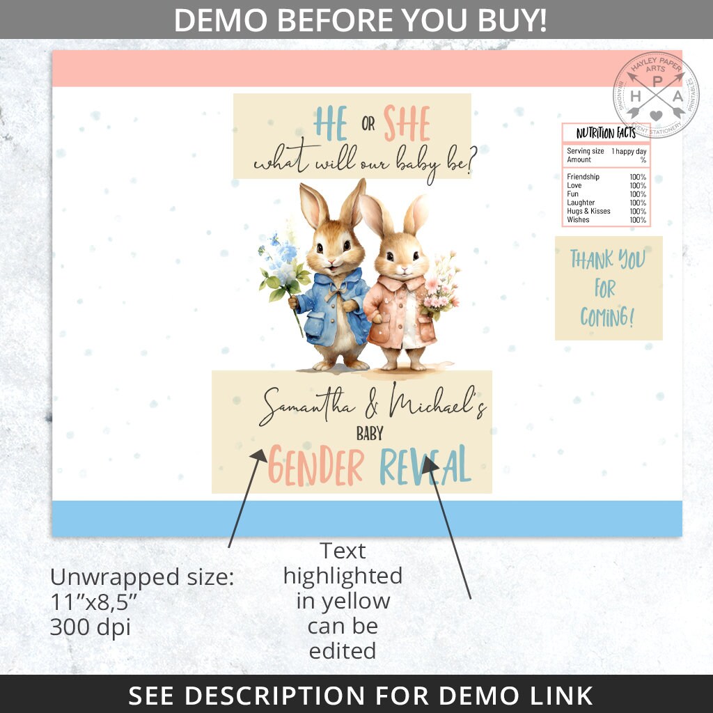 Bunnie Baby Gender Reveal Shower, Pink Blue Bunnies Peter Rabbit Chip ...