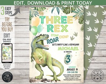 Editable Three Rex Invitation Boy Dinosaur Birthday Party - Etsy