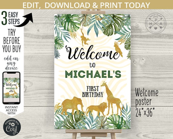 EDITABLE Jungle welcome poster sign 1st first birthday. Safari animals ...