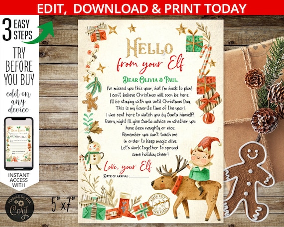 Elf arrival letter. Elf return letter. Elves Christmas card. Elf ...