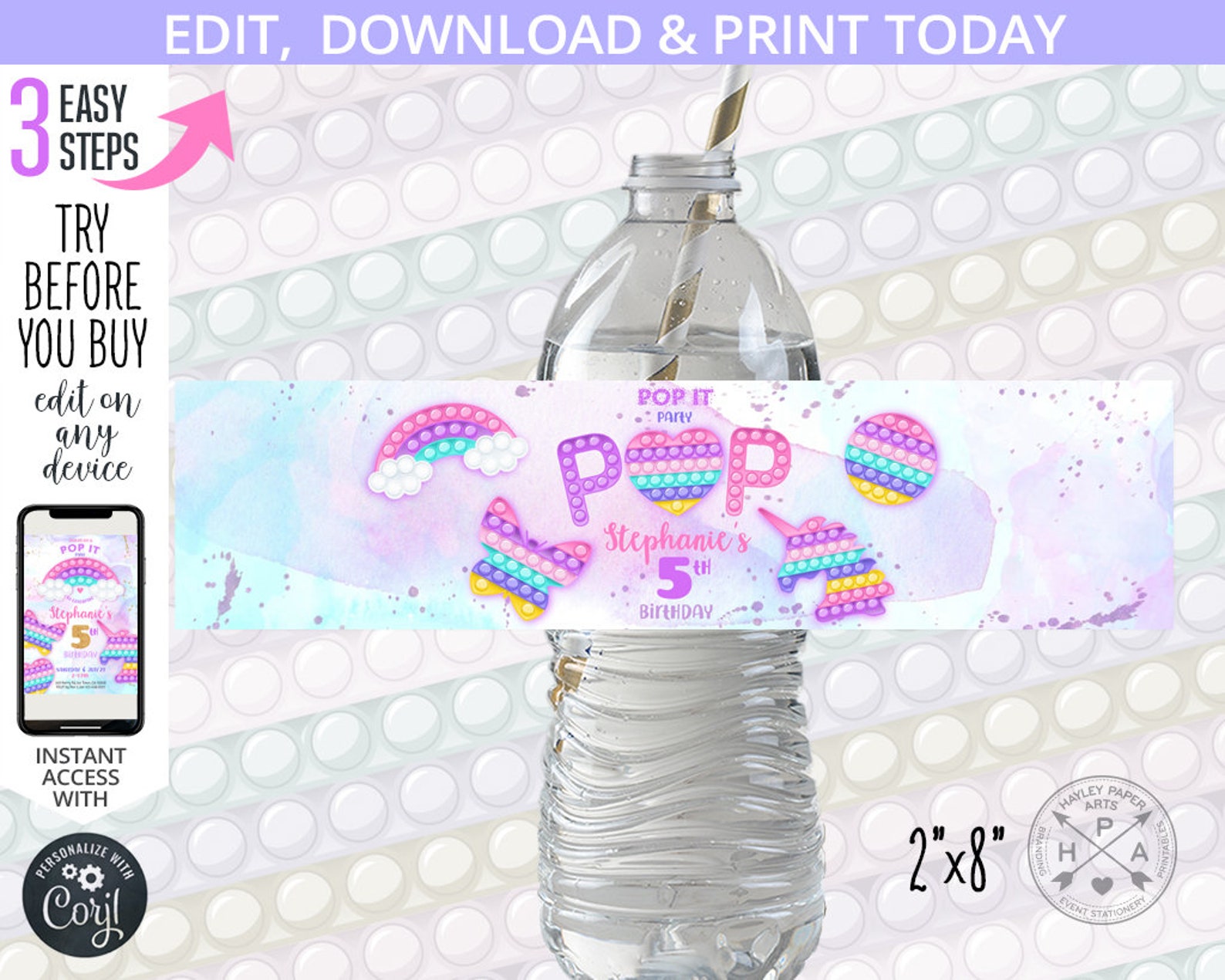 Pop It Party Water Bottle Label Fidget Toy Birthday Purple - Etsy