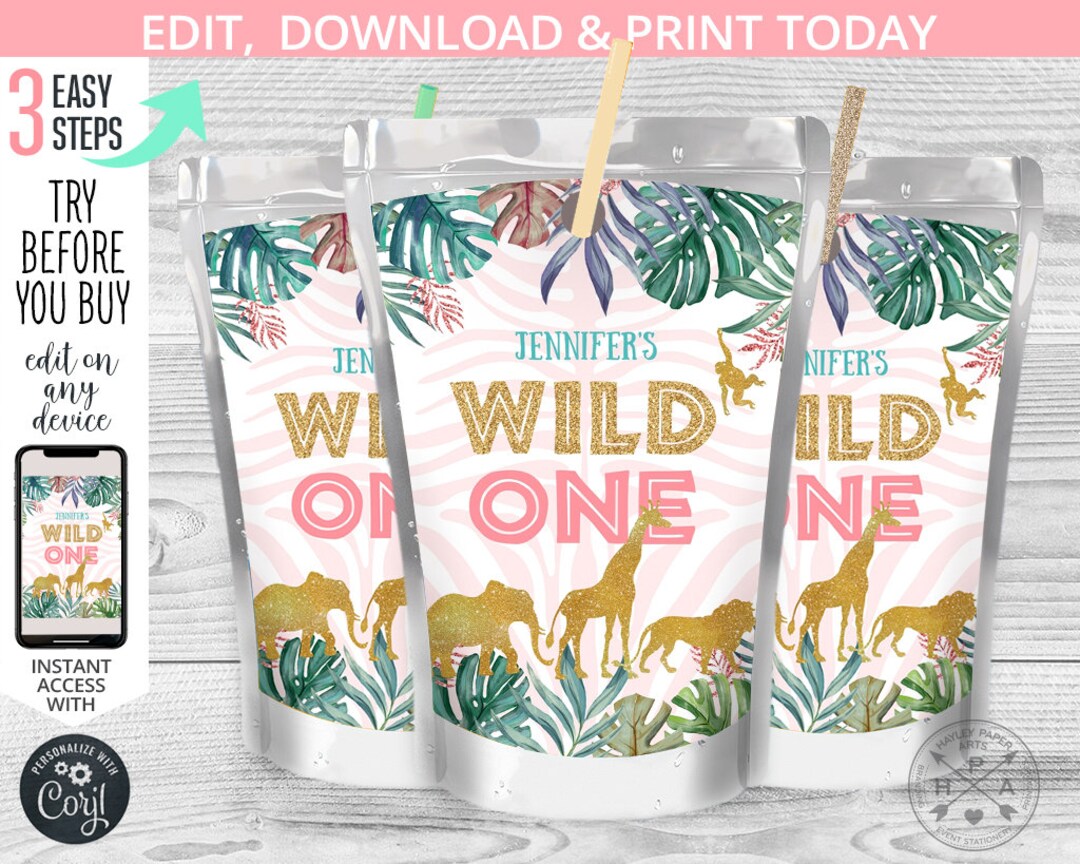 EDITABLE Jungle Wild One Juice Bag Label, Juice Bags, Gold Safari ...