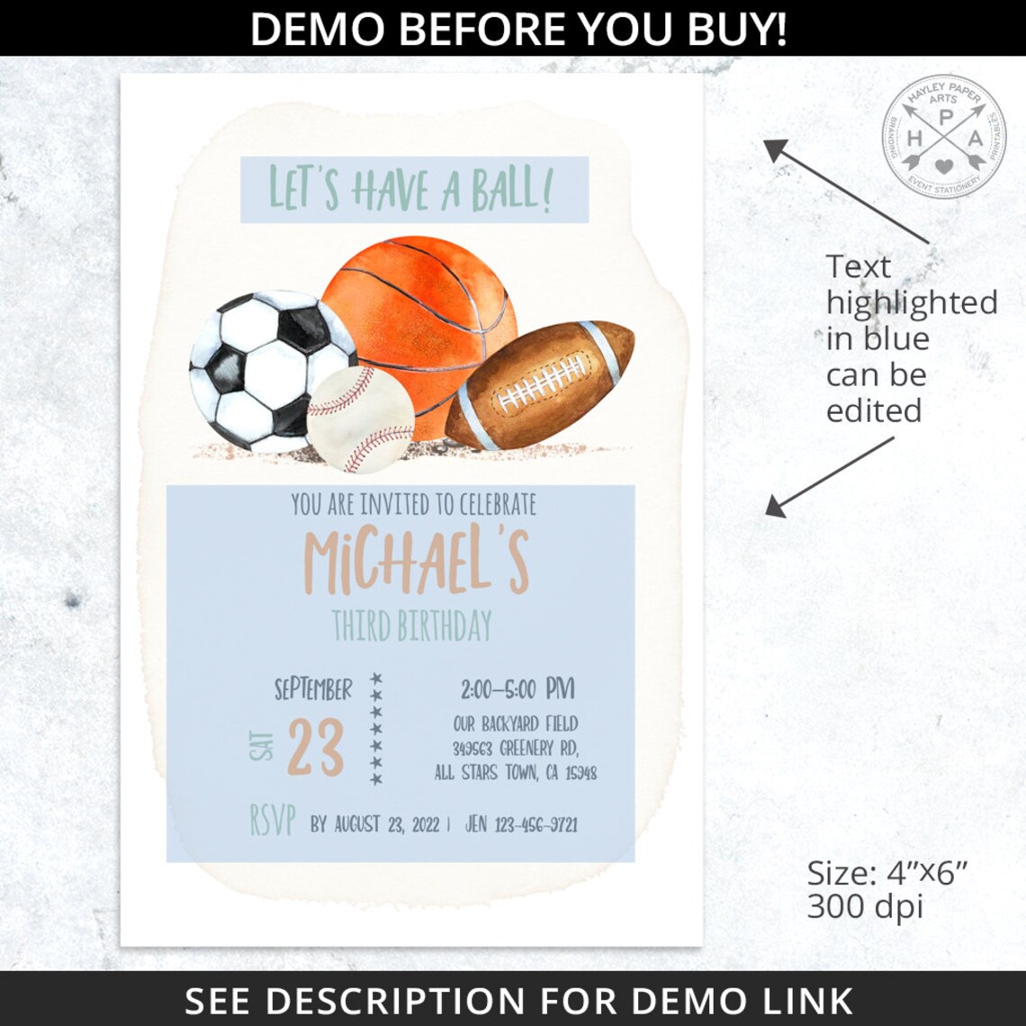 Let's Have a Ball Sports Birthday Invitation Balls All Stars Boy Party ...