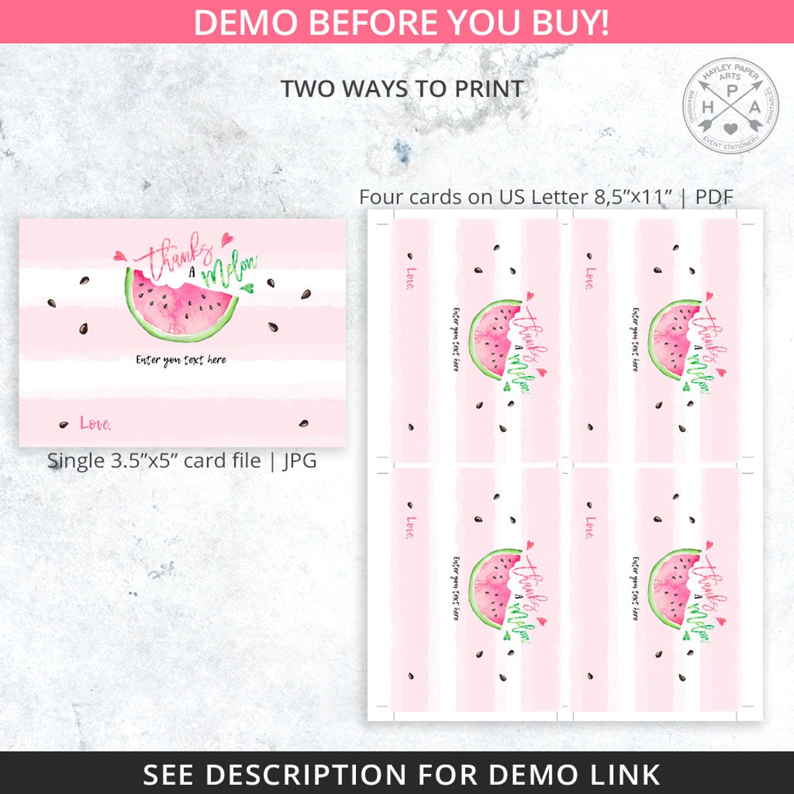 EDITABLE Watermelon Thank You Card Thanks a Melon One in a Melon Cards ...