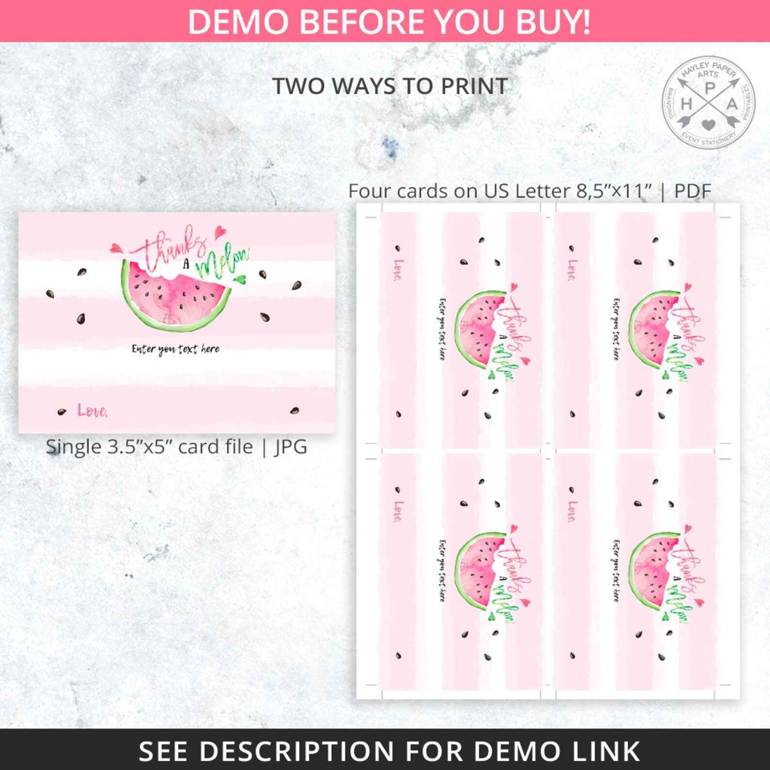 EDITABLE Watermelon Thank You Card Thanks a Melon One in a Melon Cards ...