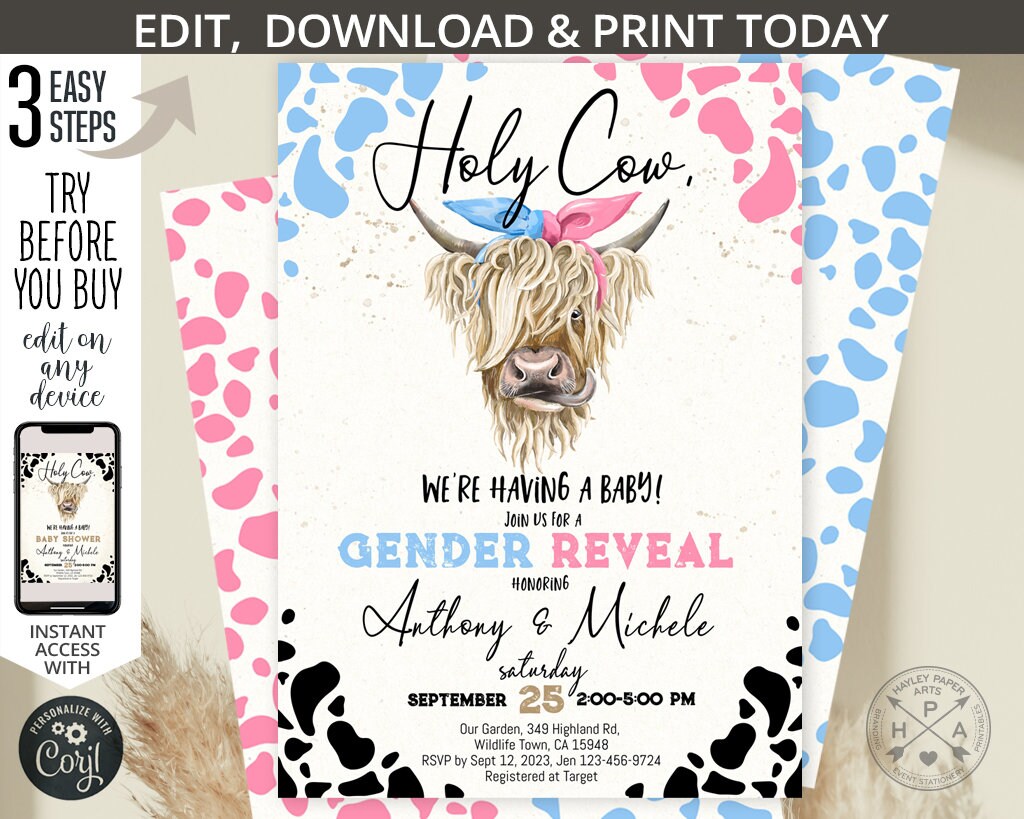 Holy Cow Baby Shower Gender Reveal Blue Pink Invitation Highland Cow ...