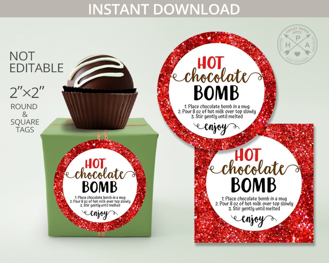 Hot Chocolate Bomb Tag or Sticker. Printable Cocoa Christmas Favor Tags ...
