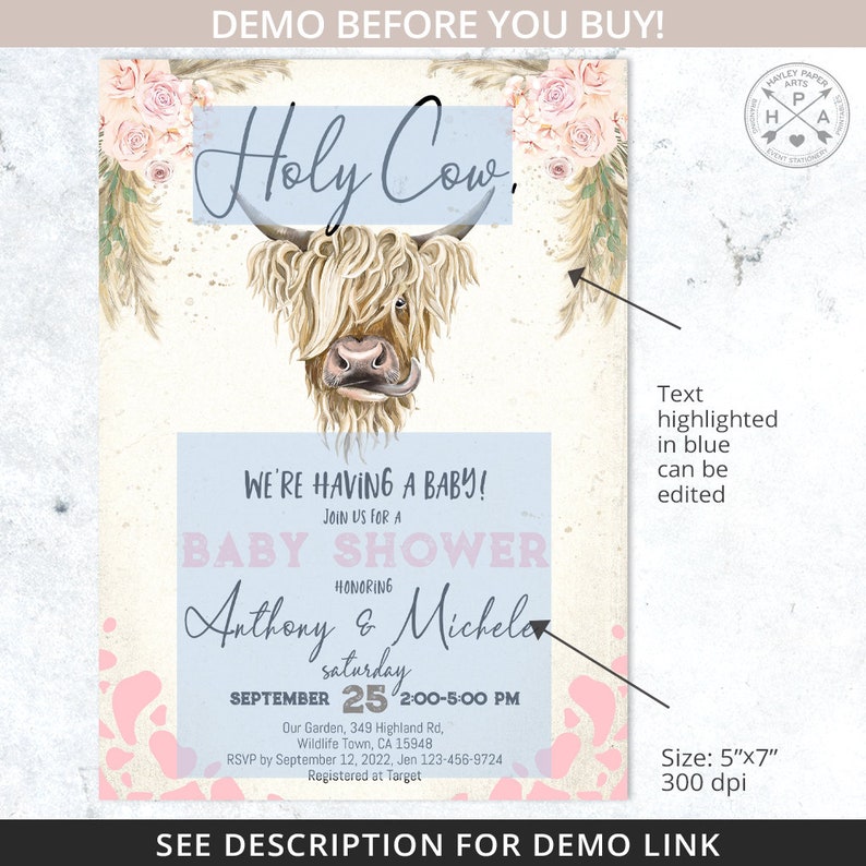 Holy Cow Baby Shower Invitation Highland Cow Boho Brown Pampas - Etsy