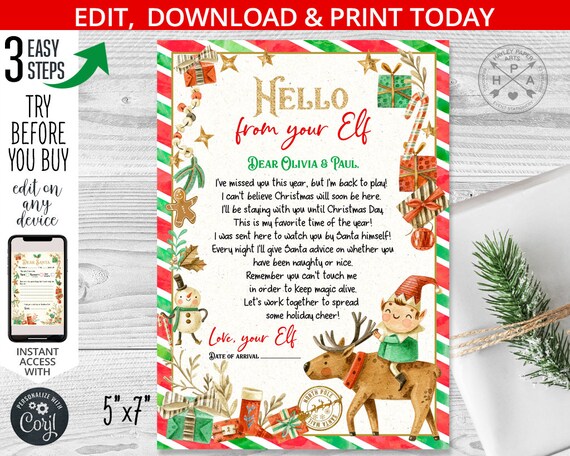 Elf arrival letter. Elf return letter. Elves Christmas card. Elf ...
