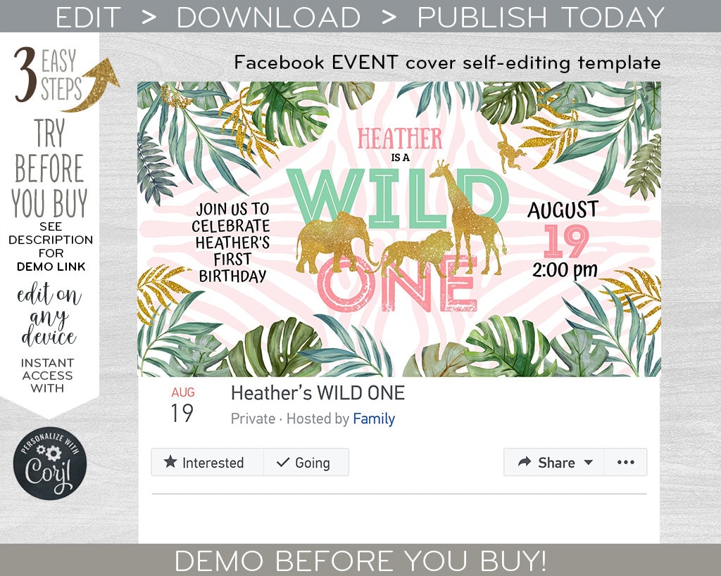 Jungle girl wild one facebook event cover social media party | Etsy