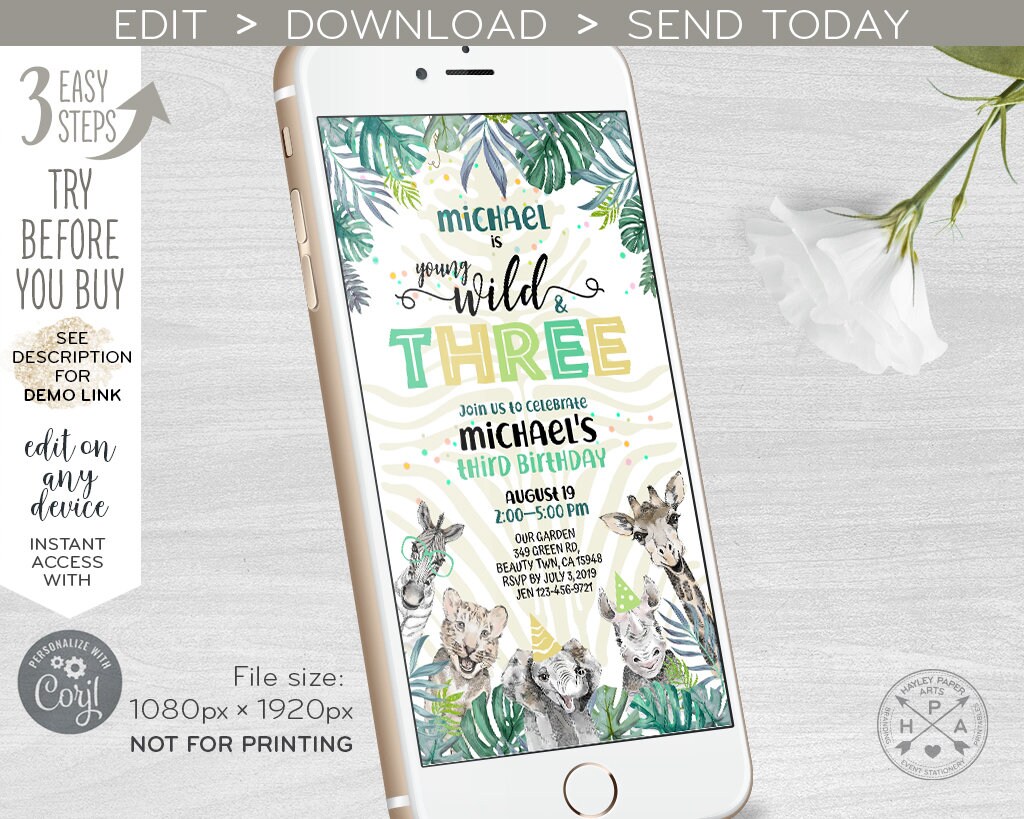 Jungle Safari Young Wild Three Electronic Invitation Safari | Etsy