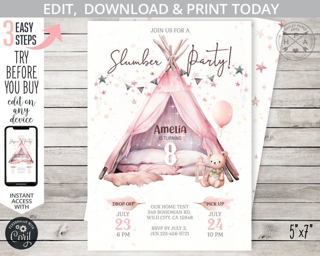 Slumber Party Invitation, Sleepover Tent Tee Pee Pink Pastel Bohemian ...
