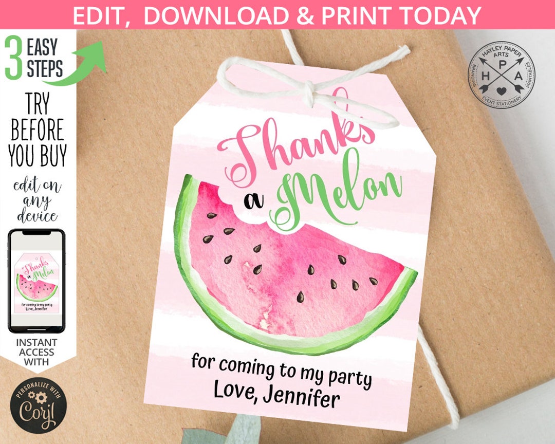 EDITABLE Watermelon Favor Gift Tag One in a Melon Tags First Girl ...