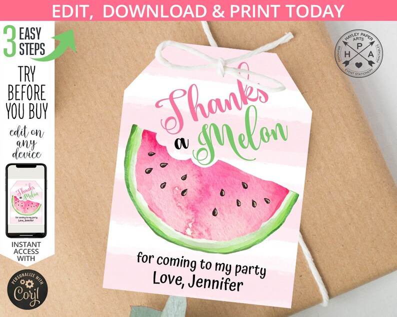 EDITABLE Watermelon Favor Gift Tag One in a Melon Tags First - Etsy