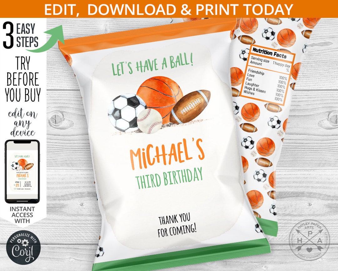 Balls Sports Let's Have a Ball Chips Bag Birthday Party Favor Pack Chip ...
