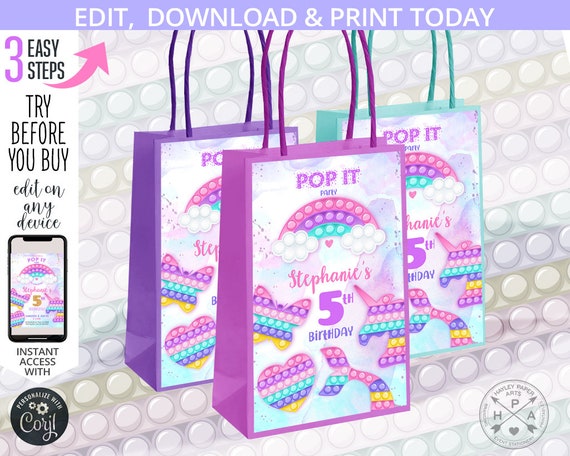 Pop it paper bag gift labels. Birthday fidget toys rainbow handle favor ...