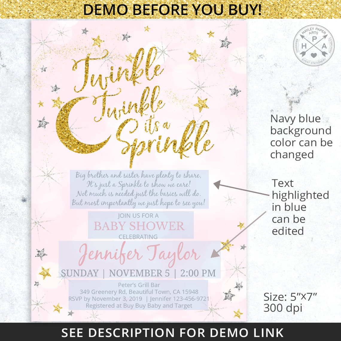 EDITABLE Twinkle It's a Sprinkle Baby Shower Poem Gold Pink Script ...